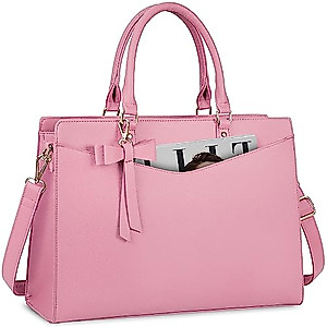 Laptop Bag for Women 15.6 Inch PU Leather Tote Bag Professional Business Office Work Bag Waterproof Briefcase Computer Tote Bag Large Capacity Lightweight Handbag Shoulder Bag, Pink