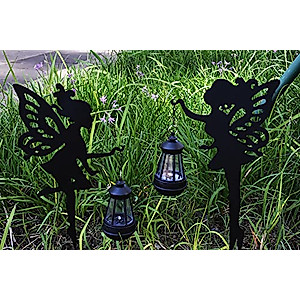 Poweka Fairy Garden Decor Solar Light, Metal Statues Solar Landscape Lights Outdoor Waterproof Hanging Lantern for Lawn Patio Yard Walkway Front Porch Decoration （2Pack）