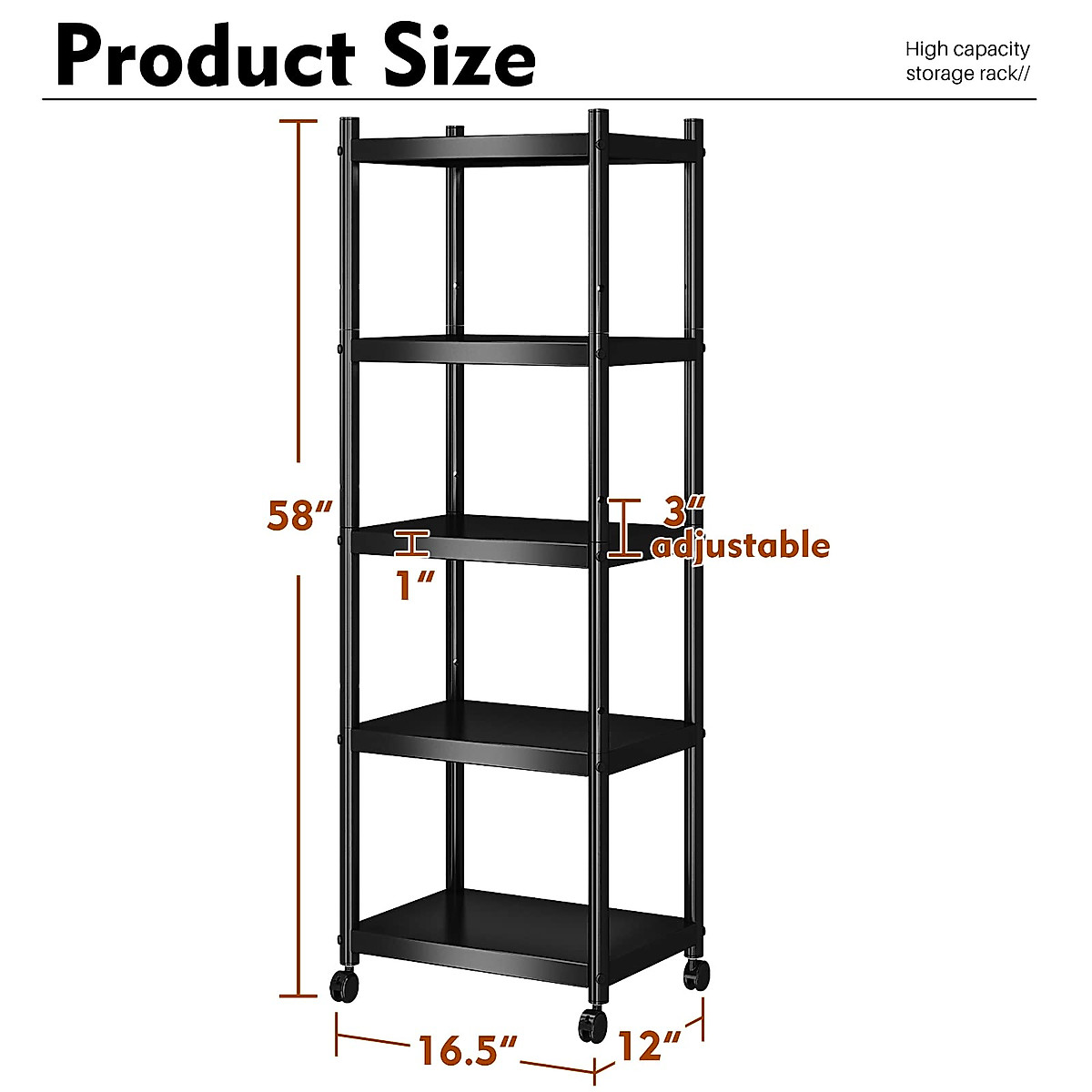 caktraie 5-Shelf Heavy Duty Shelving,Metal Utility Storage Racks with Rolling Wheels, Adjustable Kitchen Storage Rack, Black…