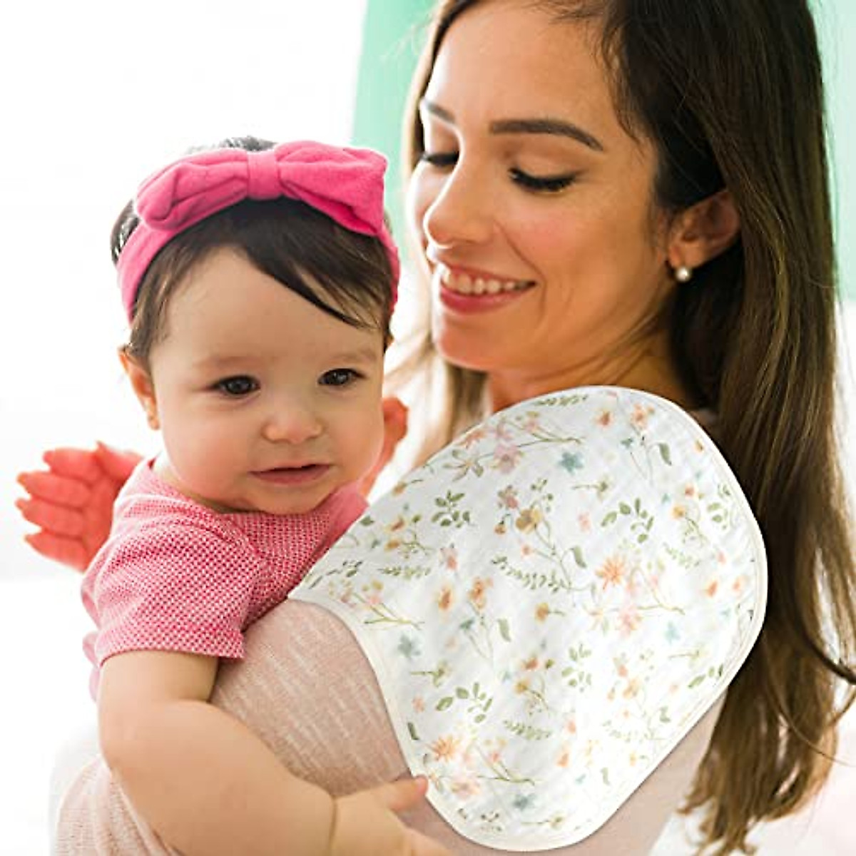 LifeTree Muslin Baby Burp Cloths, Soft Bamboo Cotton, Large Baby Washcloths, Face Towel, Burping Rags, Bibs for Newborn Boys Girls, Set of 2 (Floral & Dusty Pink Checkerboard)