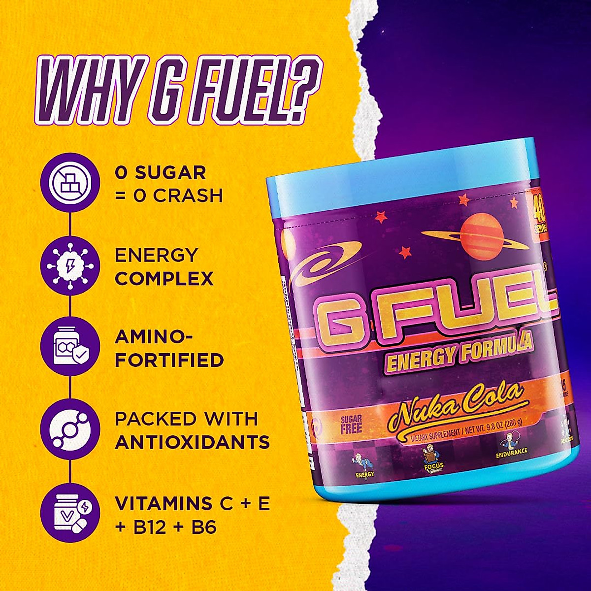 G Fuel Nuka Cola Energy Powder, Sugar Free, Clean Caffeine Focus Supplement, Water Mix, Tropical Citrus Berry Flavor, Focus Amino, Vitamin + Antioxidants Blend - 9.8 oz (40 Servings)
