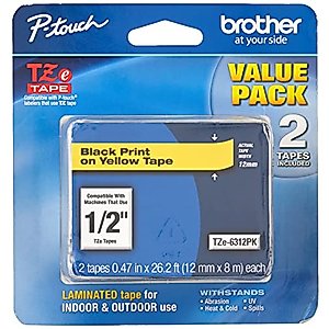 Brother Genuine P-Touch, TZe-6312Pk Tape ½” (12mm) 2-Pack Laminated P-Touch Tape, Black On Yellow Perfect for Indoor Or Outdoor Use, Water Resistant, 26.2 Ft. (8M)