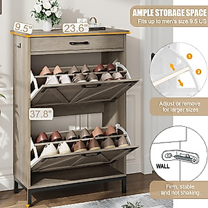 Shoe Cabinet Storage for Entryway Hidden Shoes Storage Cabinet Farmhouse Narrow Shoe Organizer Cabinet with 2 Flip Drawers, Free Standing Slim Shoe Cabinet for Door Entry, Foyer, Hallway, Grey
