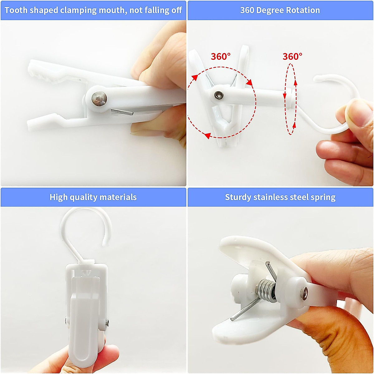 12 Pcs Super Strong Plastic Swivel Hanging Hooks, Curtain Clips, Clothes Pins, Beach Towel Clips, Home Swivel Laundry Clips for Hats, Pants, Towels, Socks, Pants (White)