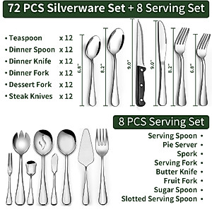 80 Pieces Silverware Set with Serving Utensils Set, CEKEE Stainless Steel Flatware Set for 12 with Steak Knives, Heavy Duty Cutlery Set, Kitchen Utensil Sets for Home Restaurant, Dishwasher Safe