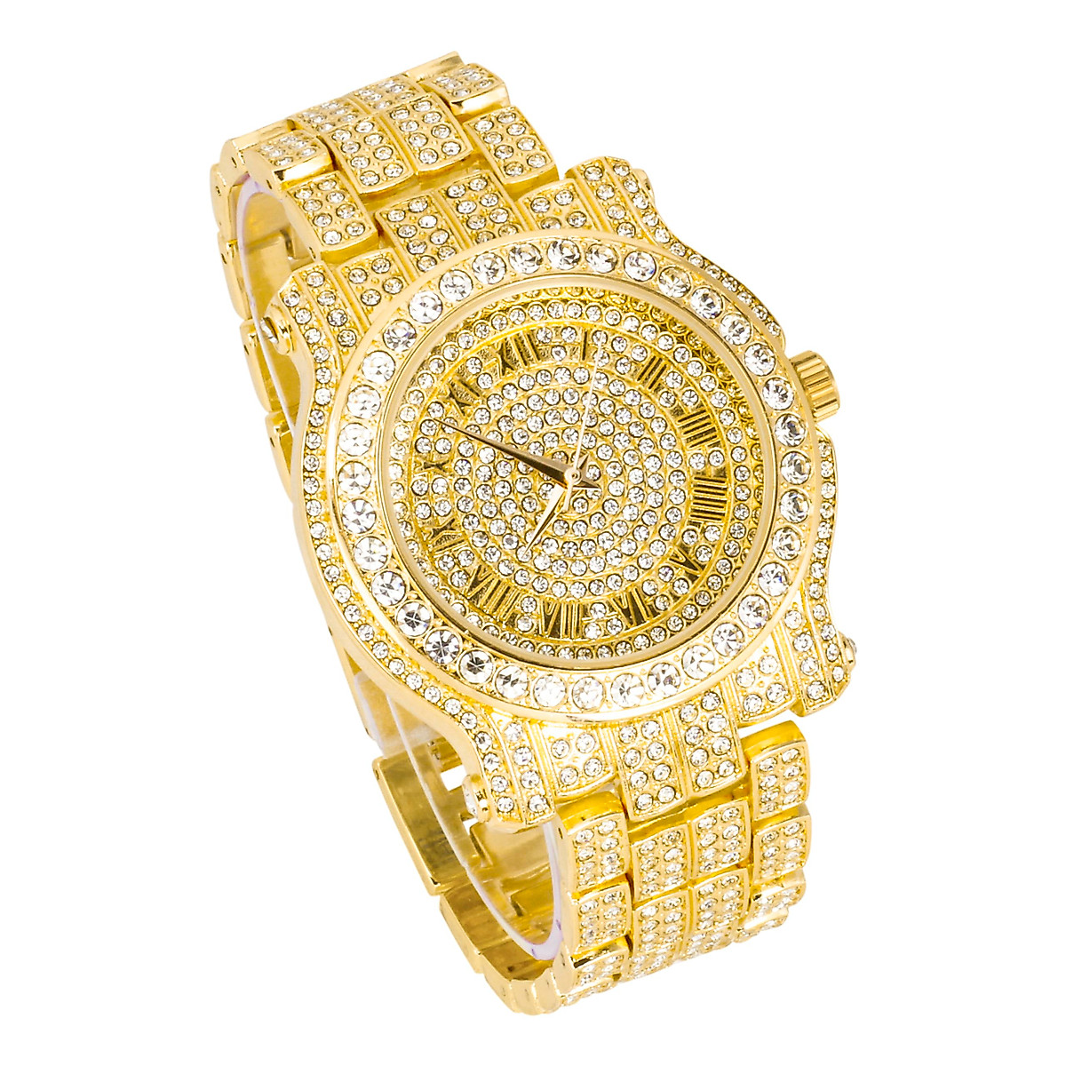 Techno Pave Men's 45mm Iced Out Roman Dial Watch with Bracelet Set - Gold Dial with Big Cuban Bracelet