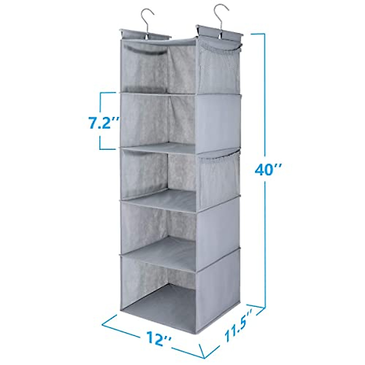 MAX Houser 5 Shelf Hanging Closet Organizer,Space Saver, Closet Hanging Shelves with (4) Side Pockets,Foldable,Light Grey