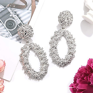 Statement Drop Earrings For Women Boho Textured Dangle Earrings Gorgeous Geometric Oval Raised Earrings (silver)