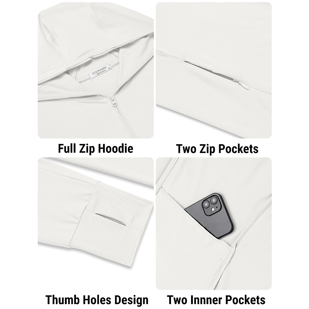 COOFANDY Mens UPF 50+ Cooling Hooded Jacket Long Sleeve Zip Up Shirts Fishing Shirts with Pockets White