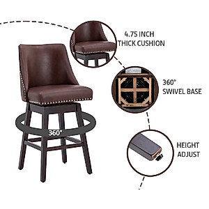 Kmax Leather Counter Height Bar Stools Swivel Farmhouse Bar Stools with Wood Legs Nailhead Footrest for Kitchen Island, Set of 2- Chocolate
