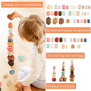 48 Pcs Wooden Stacking Stones- Building Sorting Rocks Balancing Wooden Blocks Preschool Educational Learning Toy for Kids Toddlers 3 4 5 6 Years Old