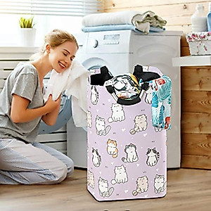 Qilmy Purple Cat Laundry Basket Collapsible Large Clothes Hamper Nursery Storage Bin with Handle for Bedroom, Bathroom, Dorm, Kids Room