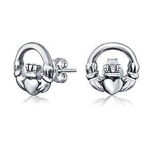 Classic BFF Celtic Lovers Friendship Circle Heart Stud Claddagh Earrings For Women Teens Oxidized .925 Sterling Silver