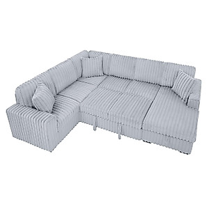 DEINPPA 122 Inch Sleeper Sofa Couch with Pullout Bed, Chunky Furry Corduroy Sectional Sofa with Storage Chaise and Charging Ports, Large Sectional Couches for Living Room-Grey
