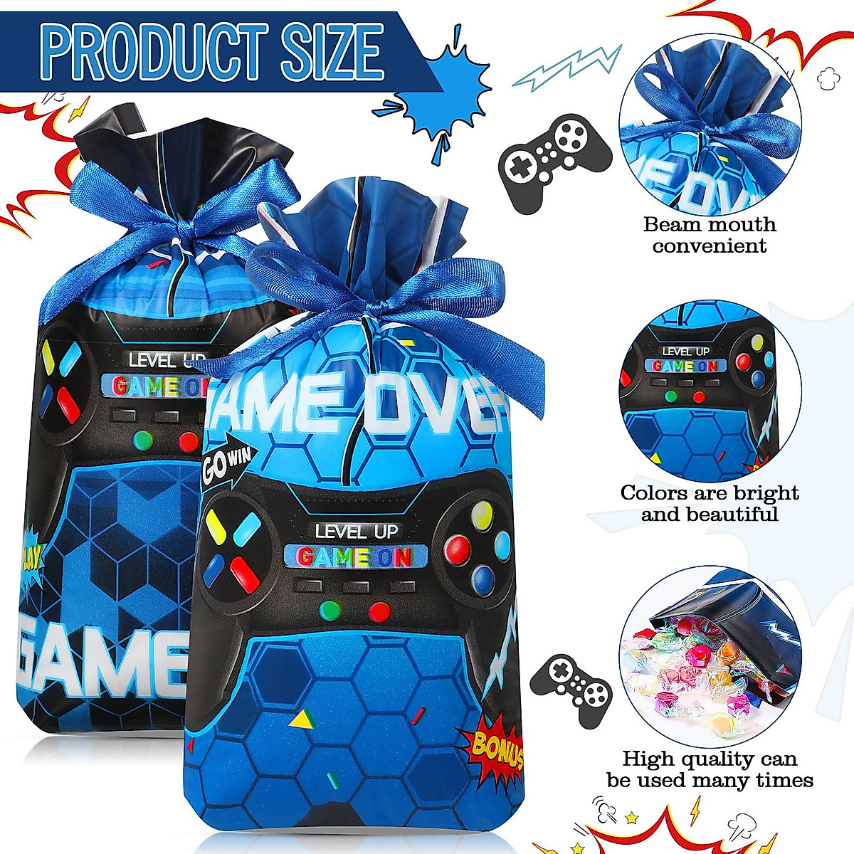 Pasimy 50 Pcs Video Game Bags Bulk Plastic Video Game Bags 6x9 Inch Game on Party Favor Goodie Candy Bags Gamer Birthday Bags for Boys Gaming Video Game Party Bags Decorations Supplies