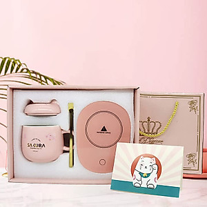 Coffee Warmer with Mug - Cute Coffee Cups Cat Mug Cup Warmer Mug Warmer for Desk Coffee Cup for Women Smart Coffee Mug Warmer Coffee Mug Warmer is The Gift with Gift Box Pink