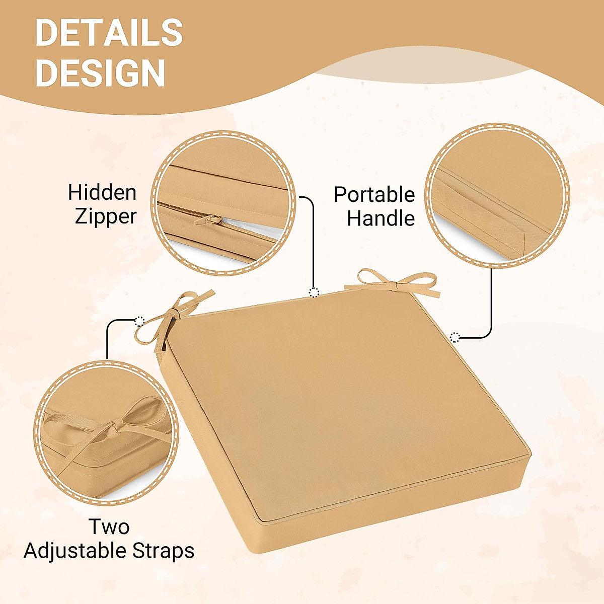 downluxe Outdoor Chair Cushions for Patio Furniture, Waterproof Square Corner Memory Foam Patio Chair Cushion with Adjustable Ties and Portable Handle, 19" x 19" x 3", Khaki, 4 Pack