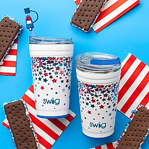 Swig Life 24oz Party Cup, Stackable Insulated Travel Coffee Tumbler with EZ Slider Lid, Cup Holder Friendly Travel Thermos, Stainless Steel 24 oz Tumbler, Reusable Coffee Mug (Star Spangled)