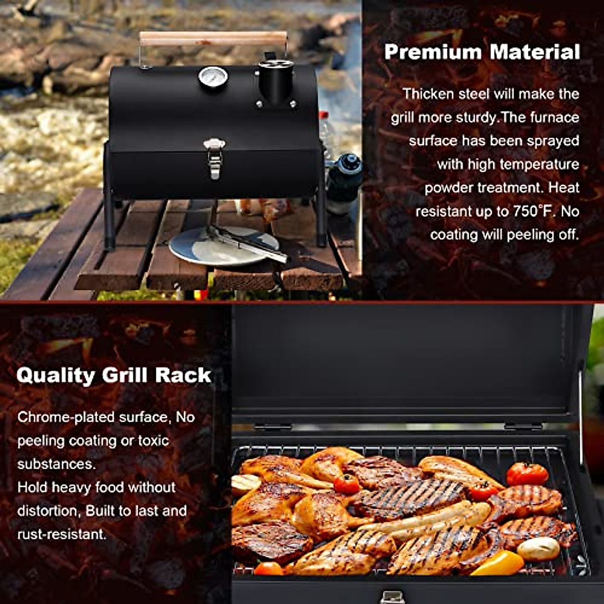 Joyfair Portable Charcoal Grill with Thermometer, Tabletop Barbecue Grill with Chimney for Outdoor Camping Backyard Party BBQ Cooking, Extra Thick Steel & Heavy Duty, Innovative Design & Easy Assembly