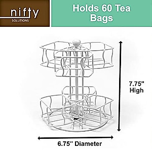 Nifty Tea Bag Spinning Carousel – 6 Compartments, Up to 60 Tea Bags Storage, Spins 360-Degrees, Lazy Susan Platform, Modern White Design, Home or Office Kitchen Counter Organizer