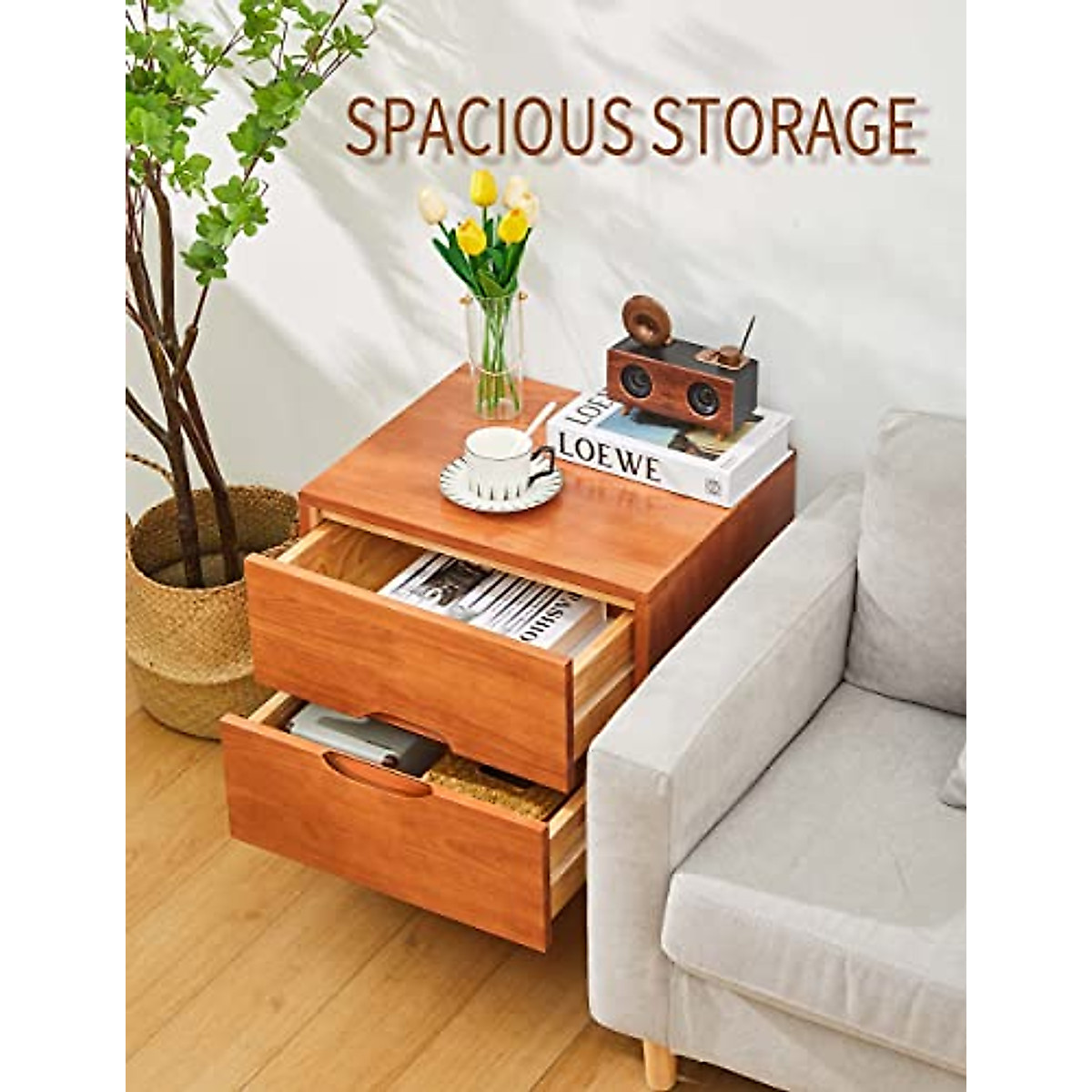 Mid Century Modern Grooved Handle Wood Nightstands Side Table Bedroom Storage Drawer and Shelf Bedside End Table, 2 Drawer (Caramel)