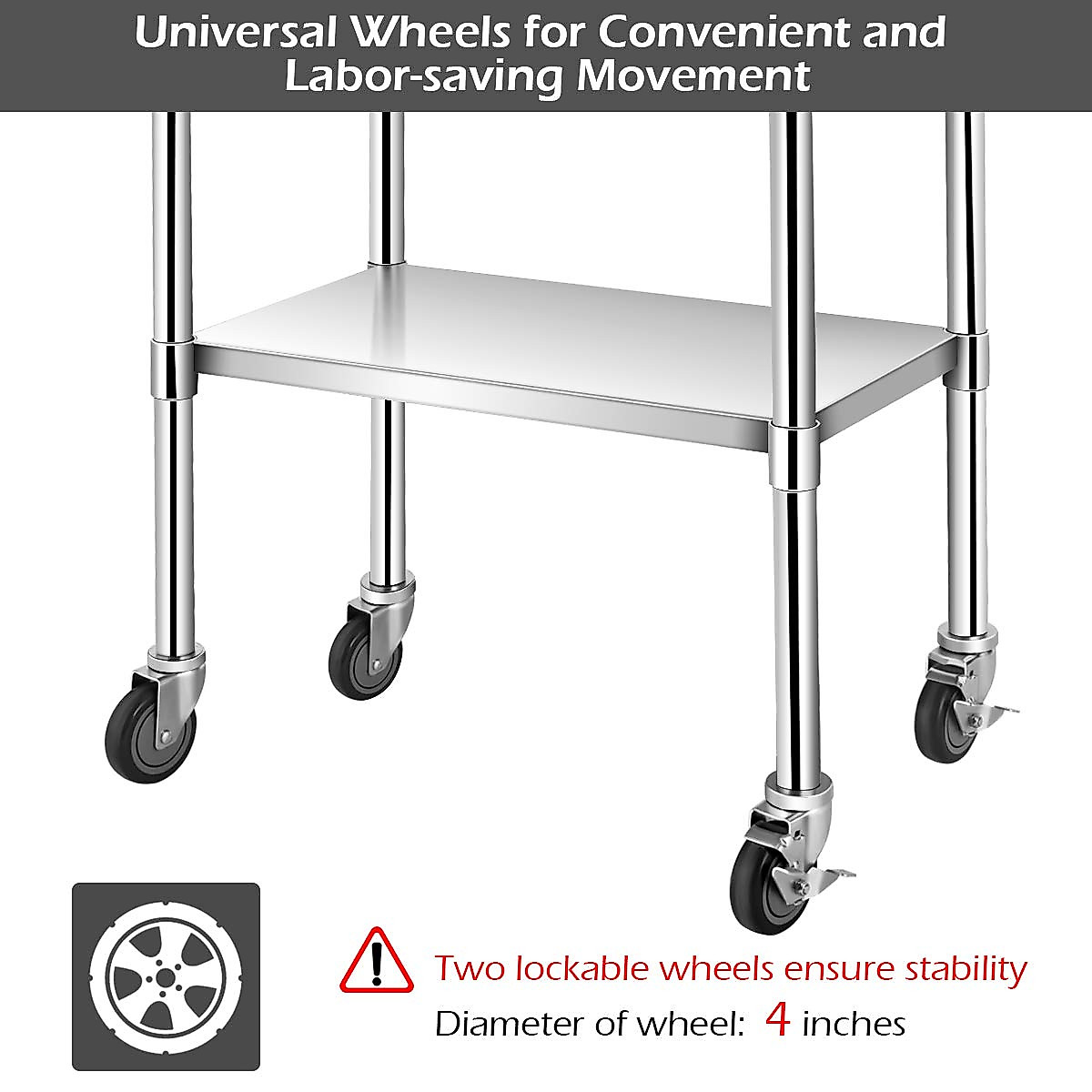 Giantex 36 × 24 Inches Stainless Steel Table w/ 4 Caster Wheels, Commercial Work Prep Table with Adjustable Lower Galvanized Shelf, Heavy Duty Metal Table for Restaurant, Kitchen