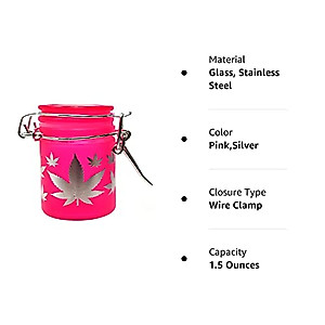 Airtight Glass Herb Mini Storage Jar with Clamping Lid in Choice of Design (Frosted Neon Pink/Silver Leaves)