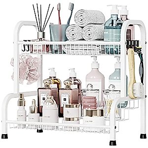 Swedecor Bathroom Countertop Organizer, 2 Tier Bathroom Counter Organizer Standing Rack with Stepped Design, Corner Storage Shelf Cosmetic Organizer Holder for Bathroom Vanity Countertops,White