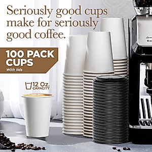 Disposable Coffee Cups with Lids 12 oz (100 Pack) - To Go Coffee Cups for Hot & Cold Drinks, Tea, Hot Chocolate, Water - Poly-Coated for No Condensation with Rolled Edge - Coffee Cup Bundle