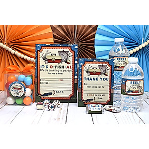 Amanda Creation Deluxe Gone Fishing REELY Fun Birthday Party Bundle Includes 20 Invitations & Thank You Cards with Envelopes + 3 Different Sizes of Stickers & Water Bottle Labels!