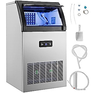 Commercial Stainless Steel Ice Maker Machine with 120LBS/24H Capacity and 29LBS Storage, Water Filter and Connection Hose Included - Ideal for Home, Office, Shop, and Bar