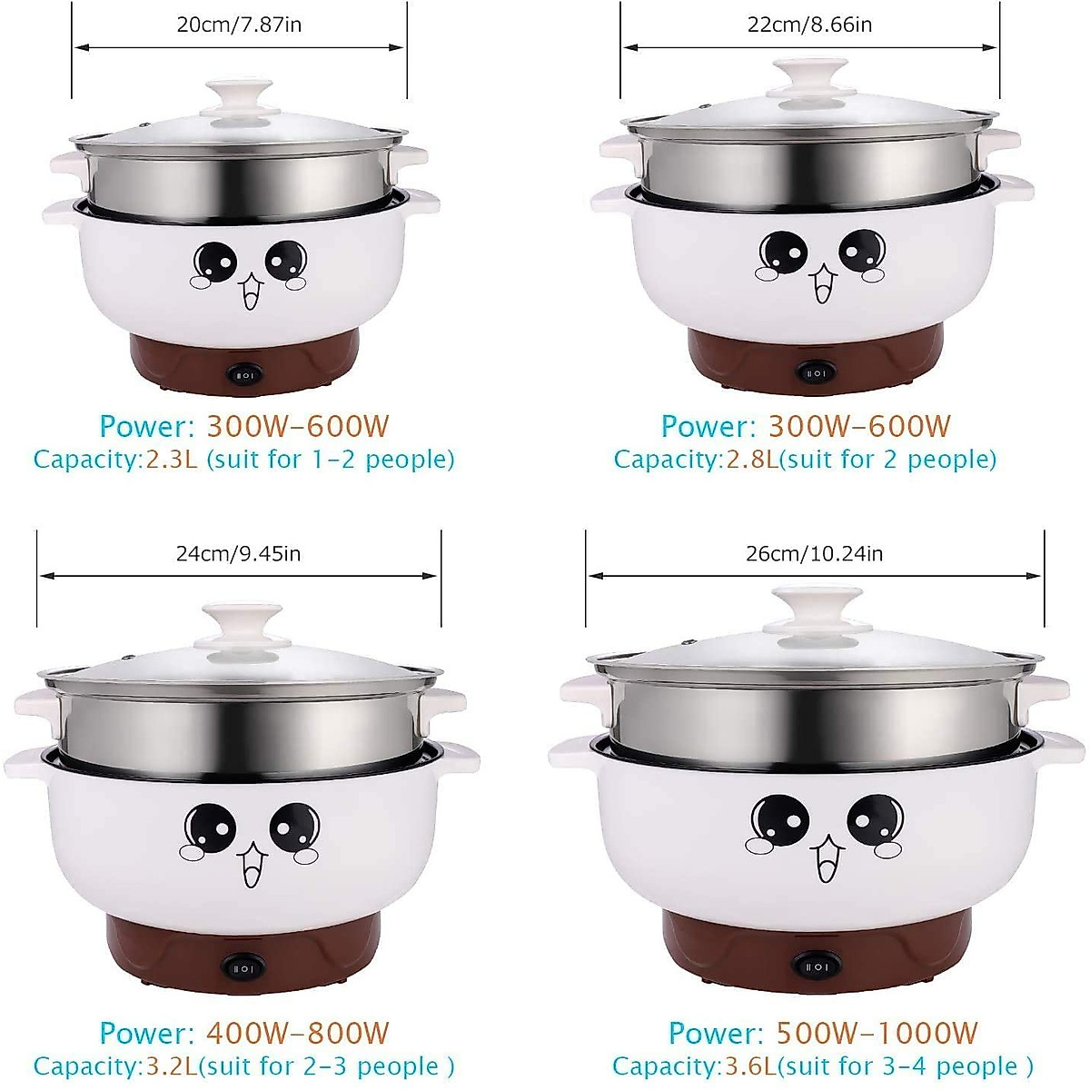 4-IN-1 Multifunction Electric Cooker Skillet Grill Pot Wok Electric Hot Pot for Noodles Cook Rice Fried Stew Soup Steamed Fish Boiled Egg Small Non-stick (2.3L, with Lid and Steamer)