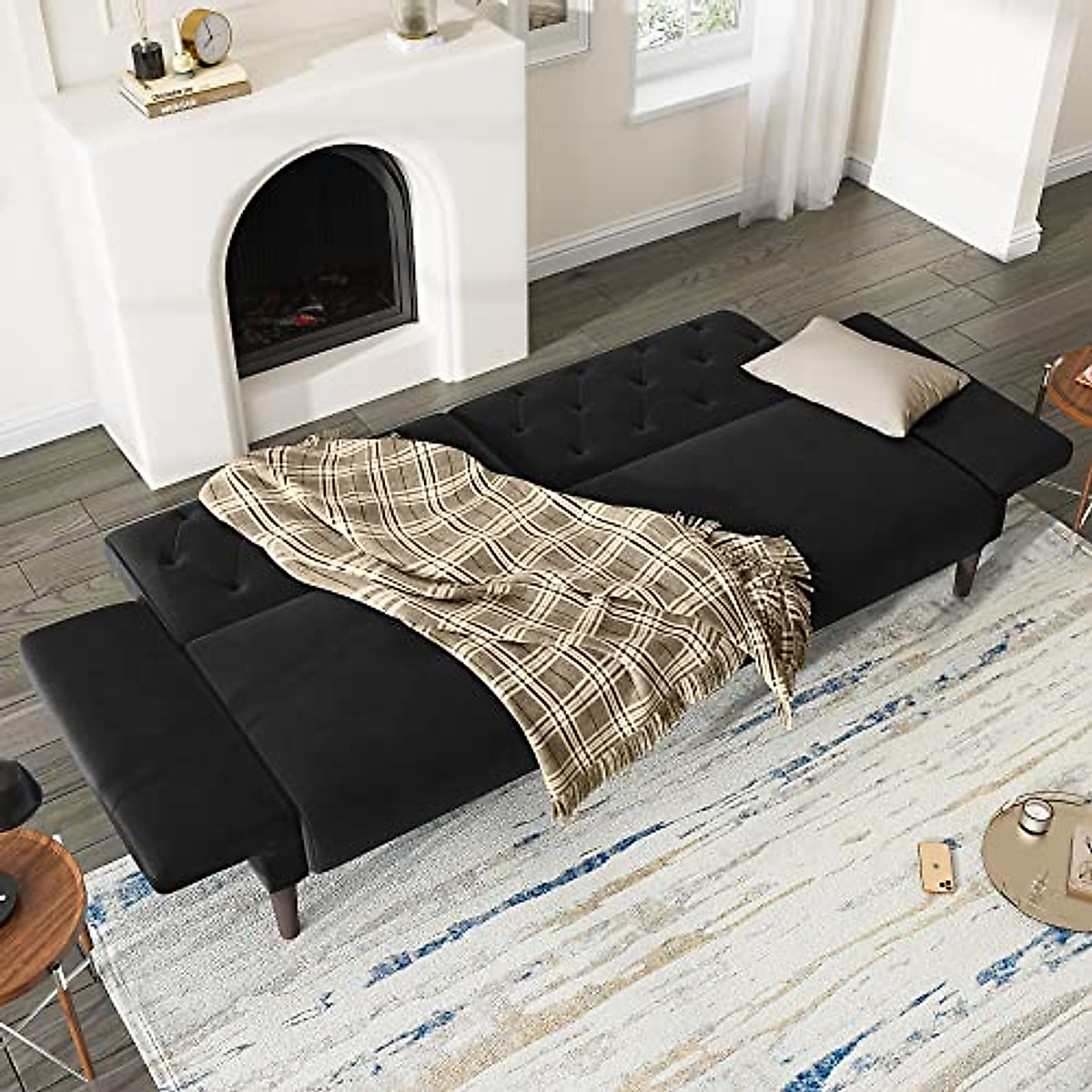 HONBAY Convertible Sofa Bed Velvet Sleeper Couch with Adjustable Armrests Tufted Futon for Living Room and Bedroom, Black