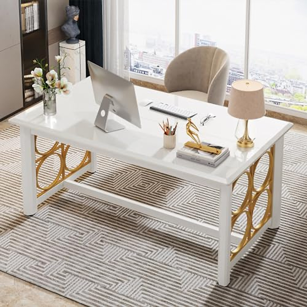 LITTLE TREE 63-inch White Executive Desk, Modern Office Desk with Stable Gold Metal Legs, Large Office Computer Desk, Home Office Business Furniture, Glossy White