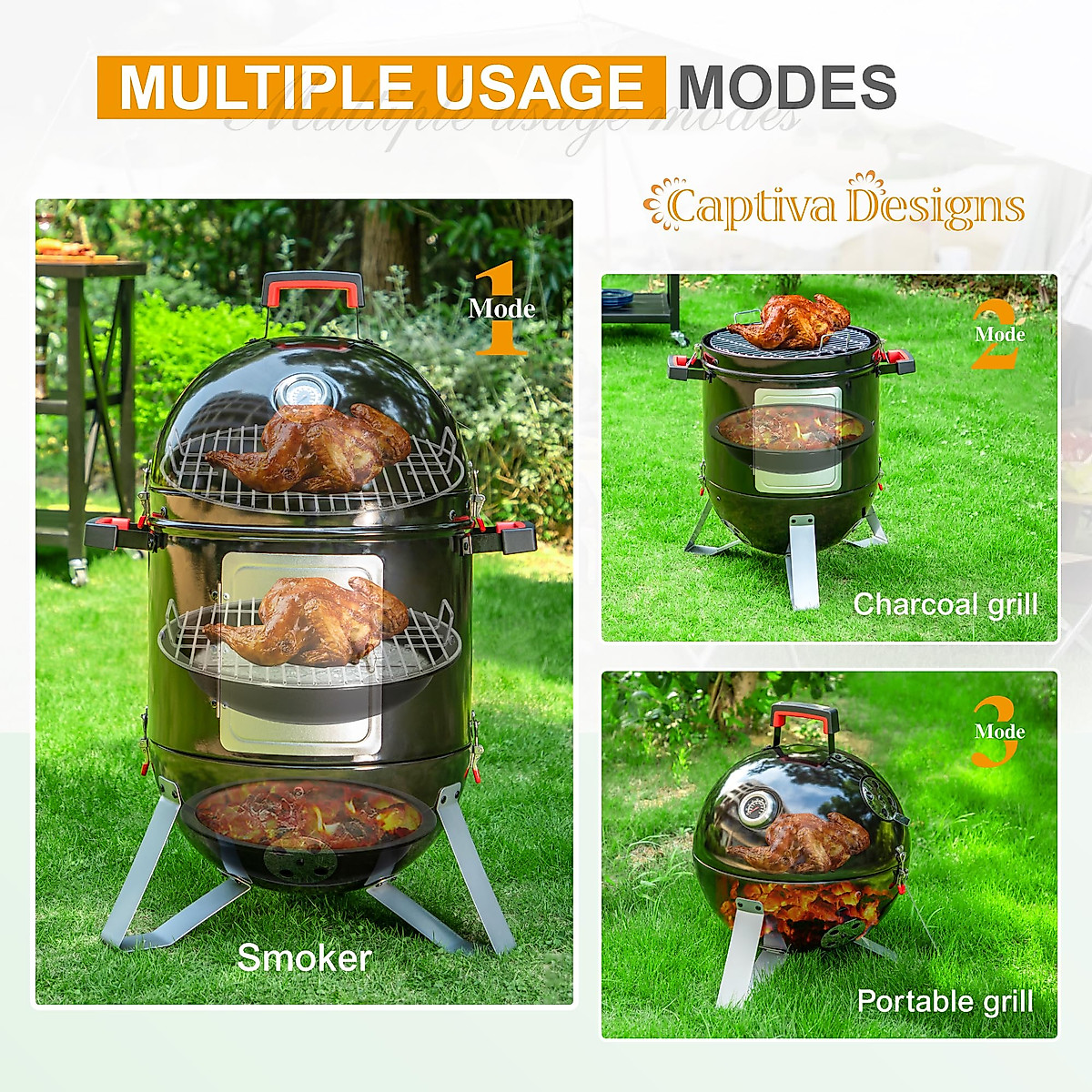Captiva Designs 18-inch Vertical Charcoal Smoker Grill with Porcelain-Enameled Smoking Chamber, Wood Mountain Smoker for Meat Turkey and BBQ, with Built-in Thermometer