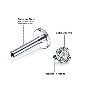 Xpircn 9PCS 16G Stainless Steel 3mm Cubic Zirconia Labret Monroe Lip Ring Tragus Helix Earring Studs