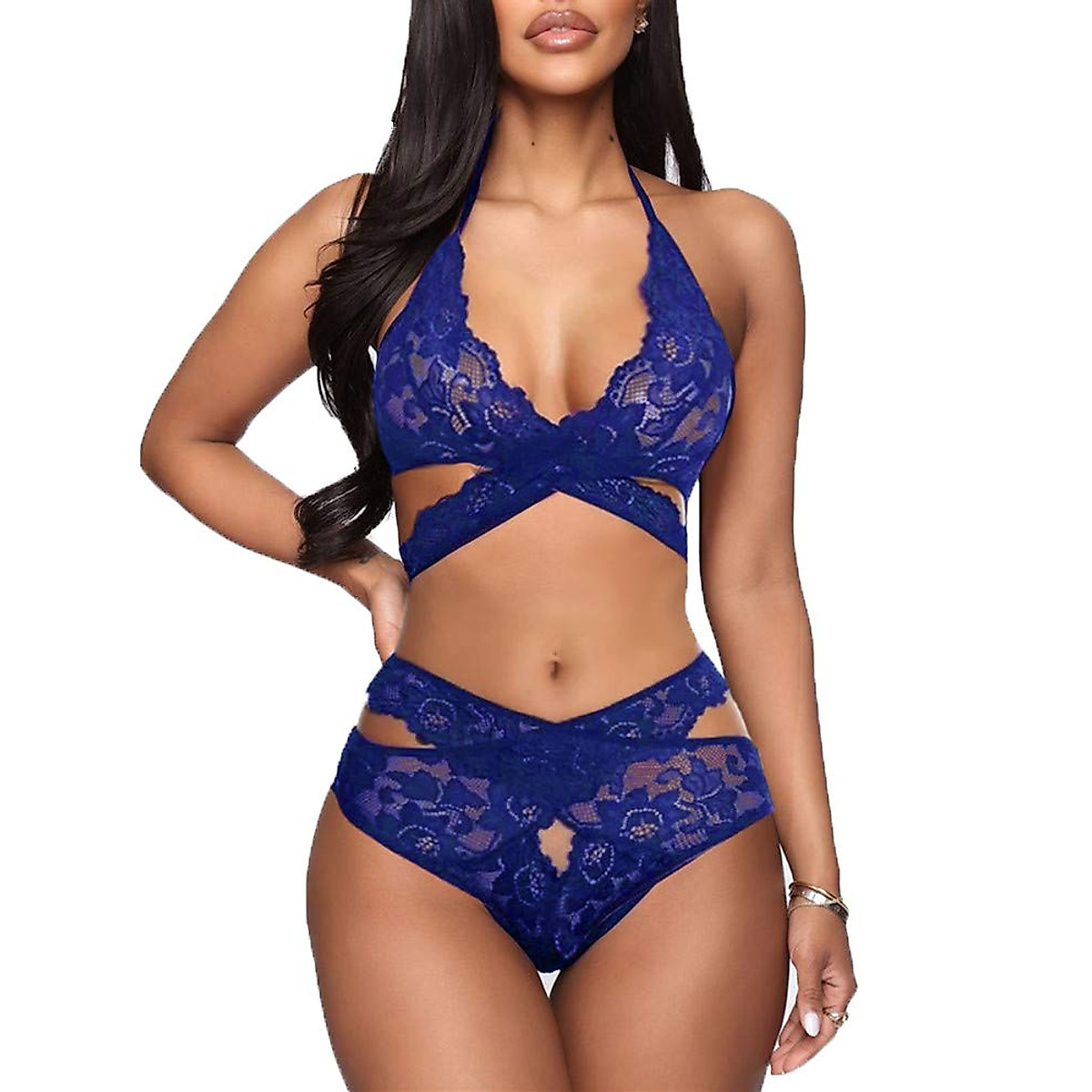Donnalla Women Sexy Lingerie Set Two Piece Lace Bra and Panty Set Babydoll Sleepwear, Royal Blue, Large