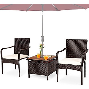 HAPPYGRILL 3-Piece Patio Bistro Set with Coffee Table & Umbrella Hole, Rattan Wicker Chairs Set with Umbrella Stand Table, Soft Cushions, Outdoor Furniture Set for Balcony Porch Poolside Garden