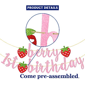 Berry First Birthday Banner, Glitter Strawberry Banner, 1st Birthday Decor (Pink)
