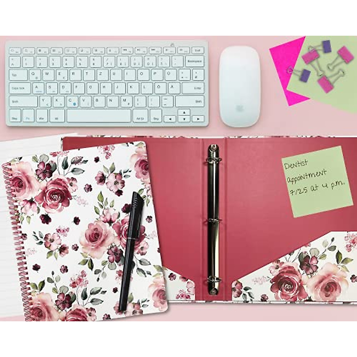 Steel Mill & Co Cute Large Spiral Notebook College Ruled, 11" x 9.5" with Durable Hardcover and 160 Lined Pages, Rose Floral