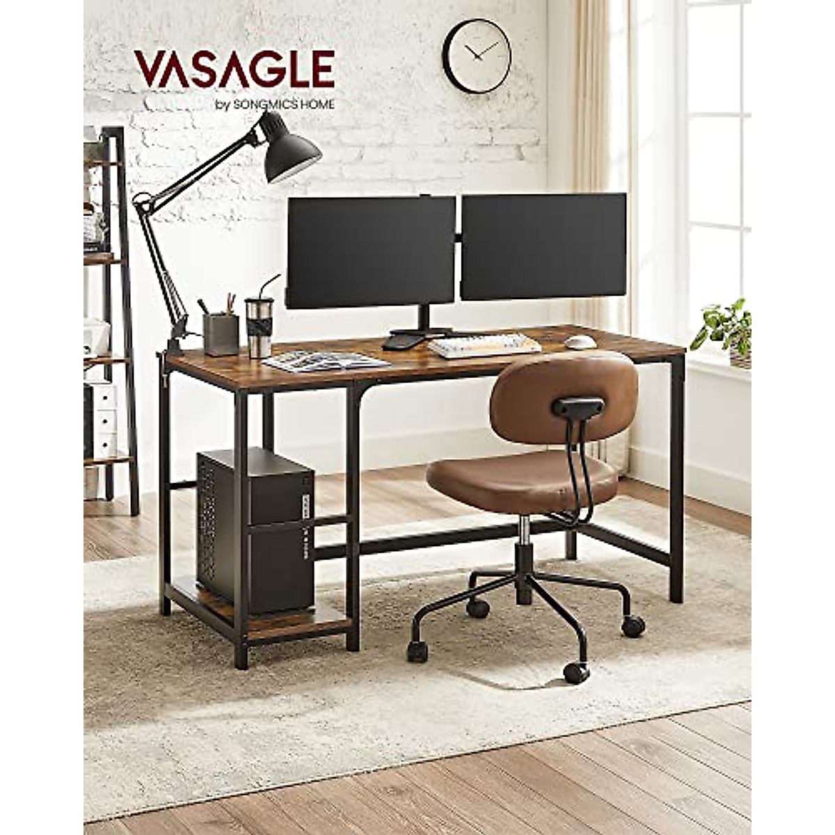VASAGLE ALINRU Computer Desk, 55.1-Inch Wide Home Office Desk for Study, Writing Desk with 2 Shelves on Left or Right, Steel Frame, Industrial, Rustic Brown and Black ULWD55X