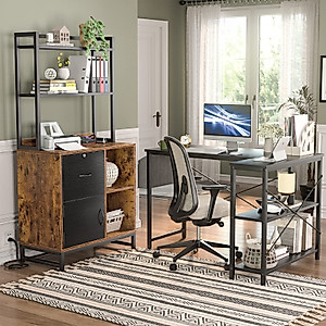 Homieasy Vertical Filing Cabinet with Lock & Charging Station, Large Drawer Wood File Cabinet with Bookshelf, Printer Stand with Open Storage Shelf, fits Letter Size for Home Office, Black and Rustic