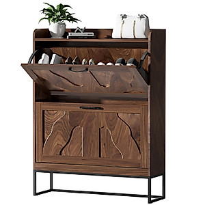 infurnic Shoe Cabinet with 2 Flip Drawers, Narrow Shoe Storage Cabinet for Entryway, Freestanding Organizer Shoe Rack Cabinet for Front Door Entrance Hallway Foyer Living Room, Walnut