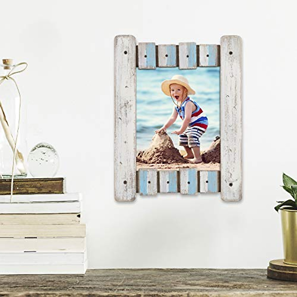 EXCELLO GLOBAL PRODUCTS Rustic Distressed Wooden 8 by 10 in Picture Frame, Blue & White