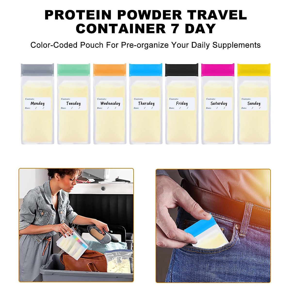 Protein Powder Travel Container with Funnels, Reusable Powder Dispenser Supplement Portable Protein Container To Go, 21pc Single Dose Bags and 3pc Large Standable Zip Bags for Workout, Fitness, Travel