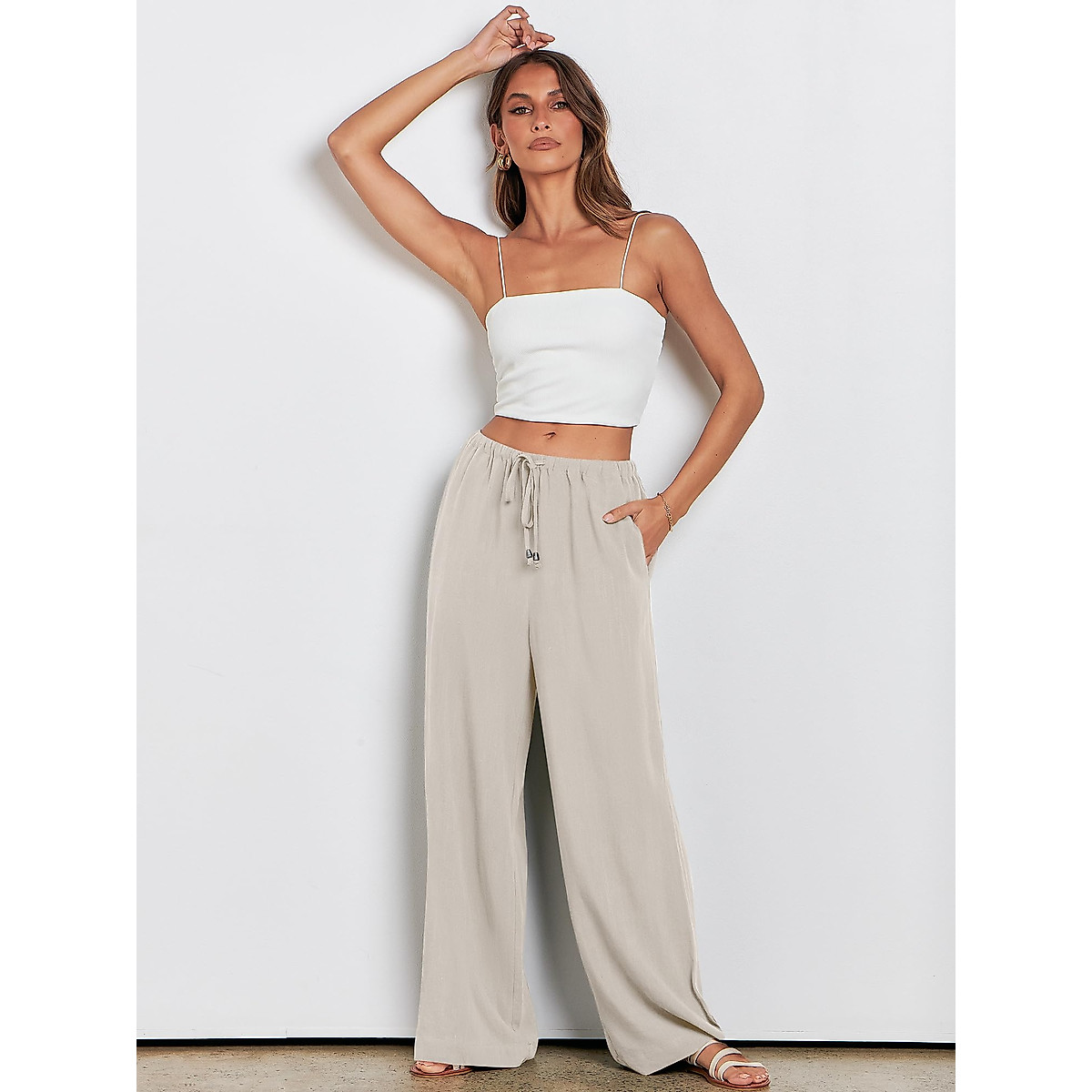 ANRABESS Women's Linen Summer Palazzo Pants Elastic Waist Casual Beach Trendy Wide Leg Trousers with Pockets Large Apricot