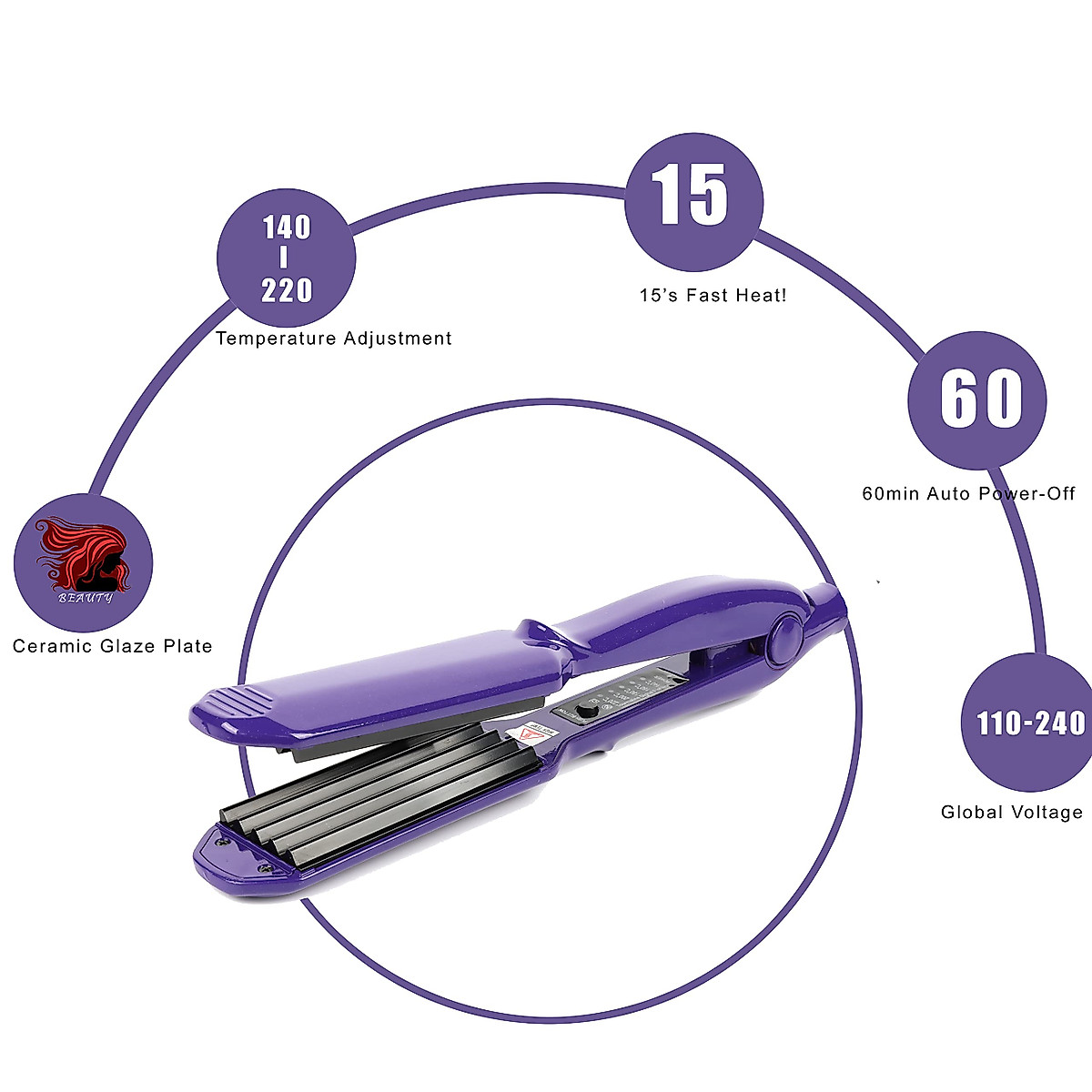 MBHAIR Ceramic Crimper Iron for Volumizing Fluffy Hairstyle, Corrugation Crimper Hair Iron, Anti Static Ceramic Hair Crimping Iron Adjust Temperature (Purple)