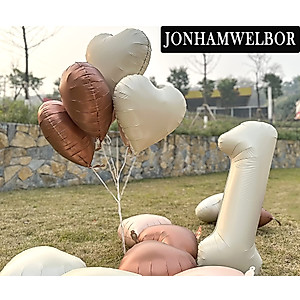Jonhamwelbor 40 inch Cream White Number 1 Balloons Large Foil Helium Number Balloon with Heart Balloons for first One Year Old Girl and Boy 1st Birthday Party Decoration (40 inch Cream 1)