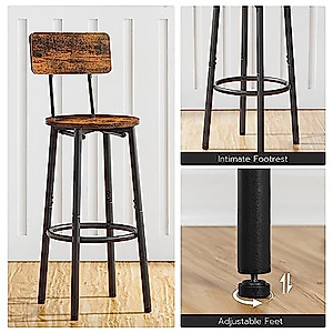 HOOBRO Bar Stools with Back, Set of 2 Bar Chairs, Counter Stools with Footrest, for Kitchen, Living Room, Bar, Adjustable Feet, Rustic Brown and Black BF32BY01
