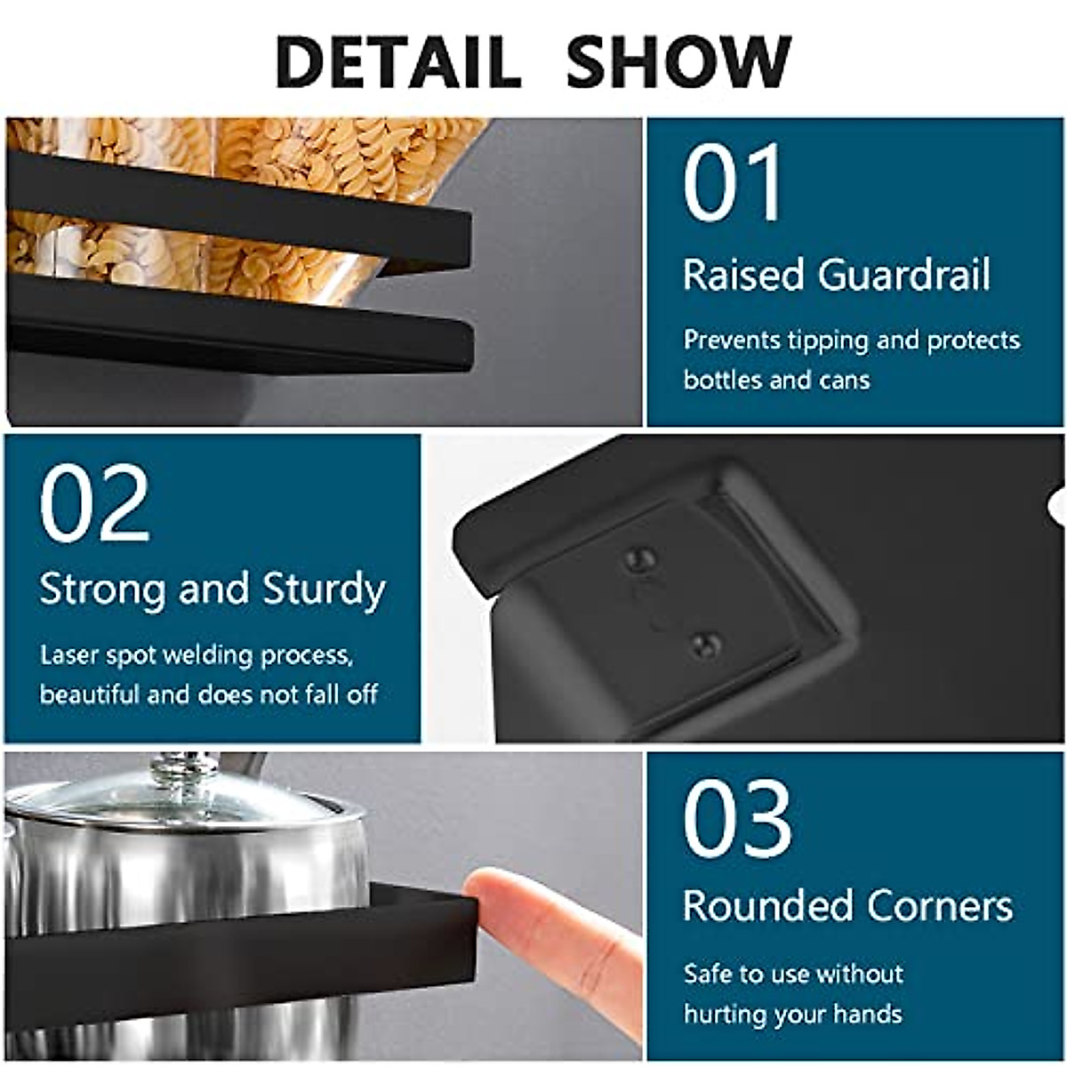 GEINIFAFA Rustproof Metal Storage Floating Shelves Wall Mounted Rectangular Shelf for Bedroom,Bathroom, Living Room, Kitchen, and Laundry Room,Nail-Free Wall-Mounted Shelves（15.75 Inch Black）